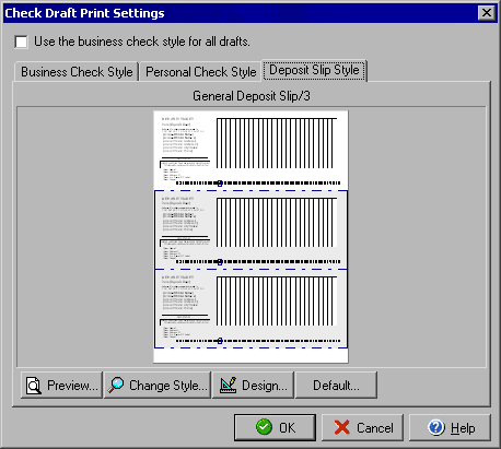 Check Draft Print Settings - Deposit Slip Style